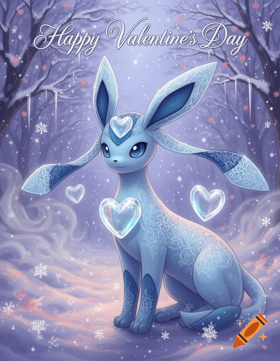 A blue Glaceon with white patterns and glowing hearts sits in a snowy ...