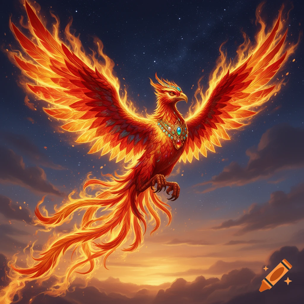 A vibrant fiery phoenix with ornate golden and jeweled chest feathers ...