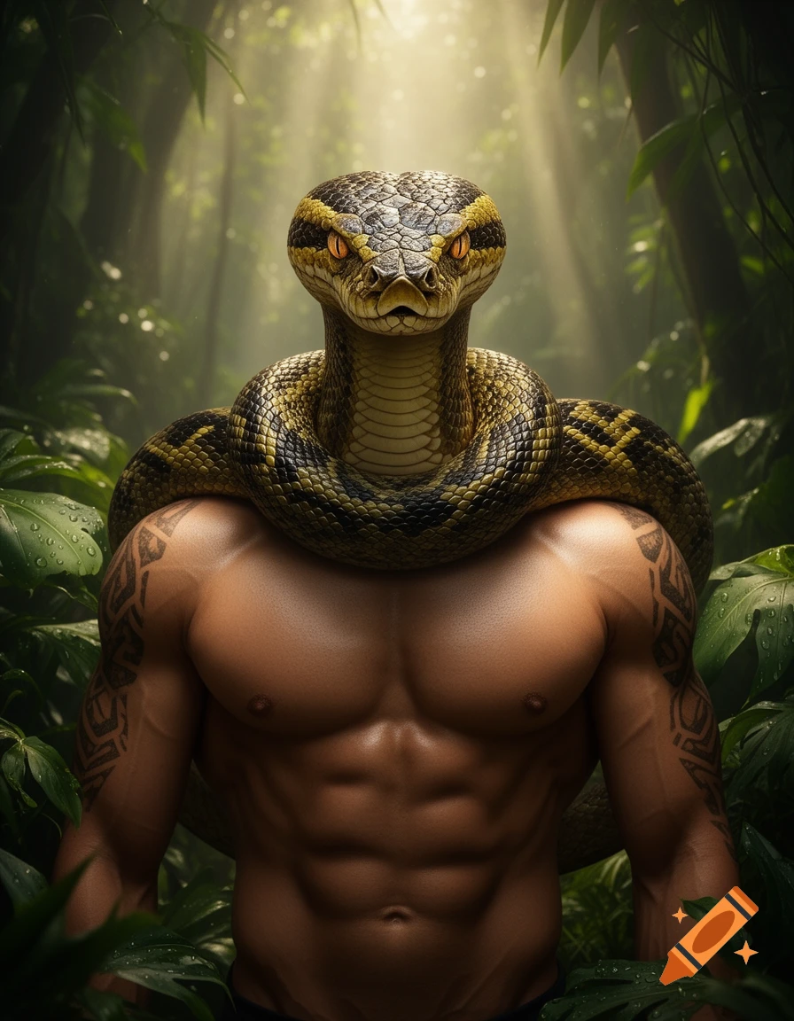 Muscular man with a python's head and scales around his shoulders ...