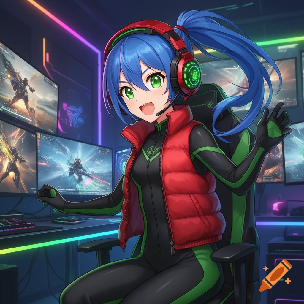 An anime gamer girl with blue hair and a red vest sits at a multi ...