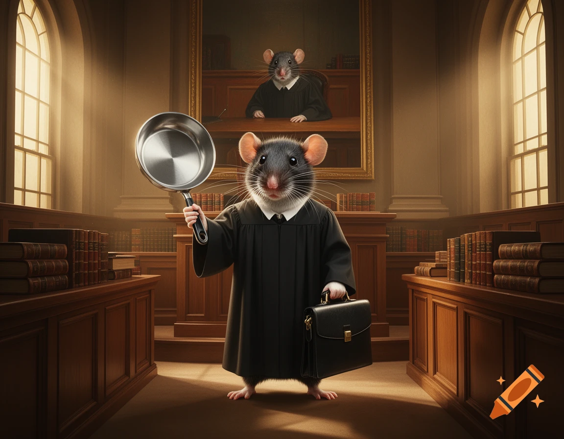 A photorealistic rat, dressed in a judge's robe, stands in a courtroom ...