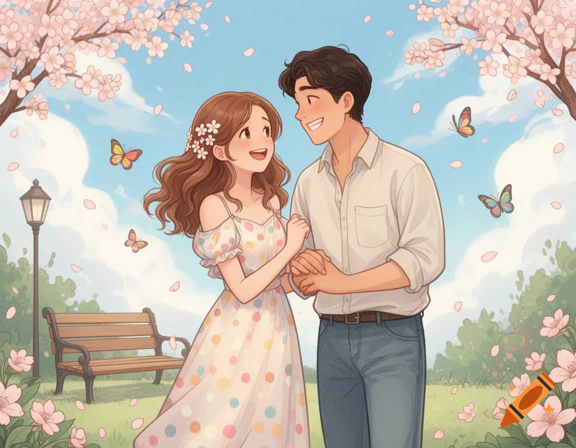 Anime-style illustration of a happy couple holding hands in a park with ...
