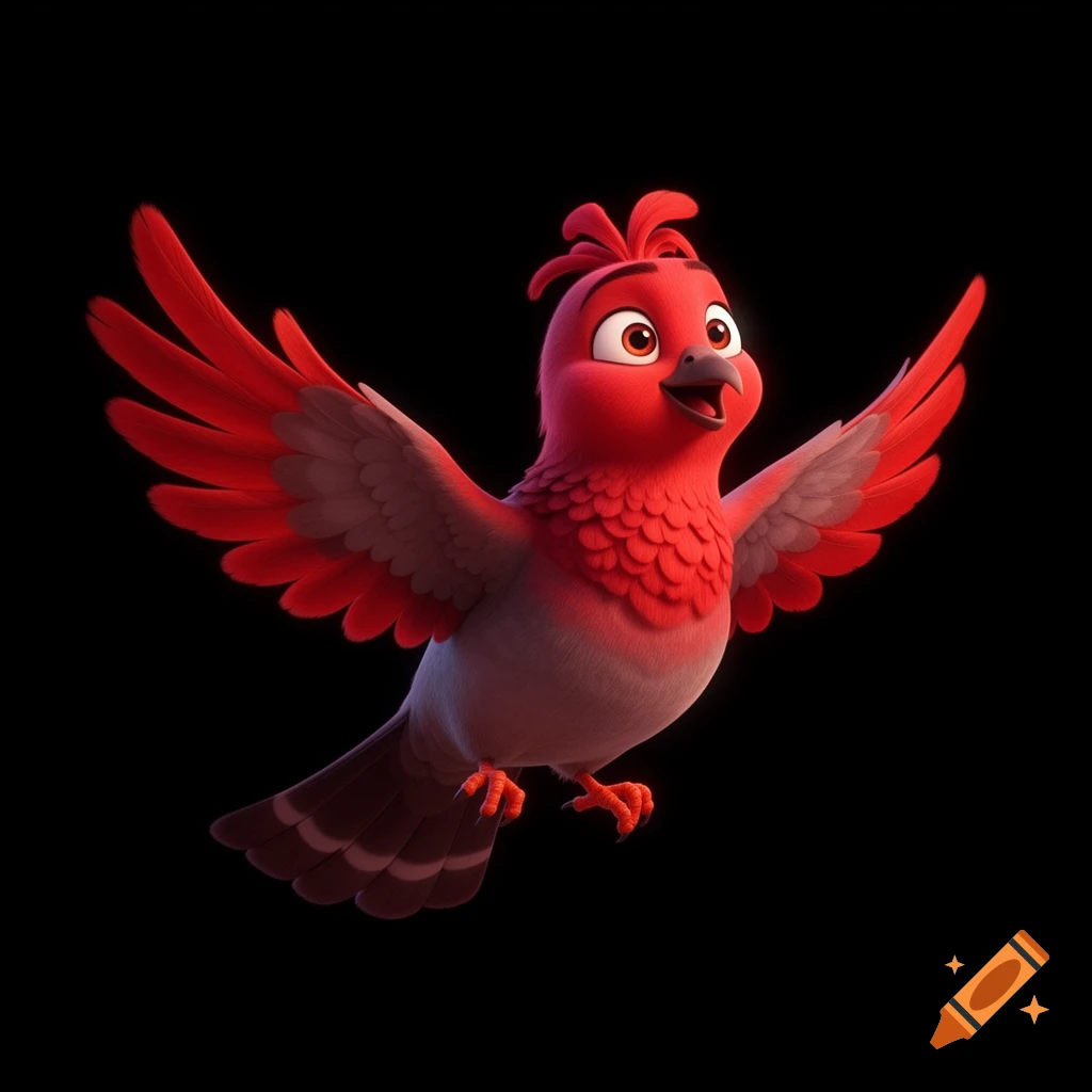 A vibrant red cartoon bird with outstretched wings flies against a ...