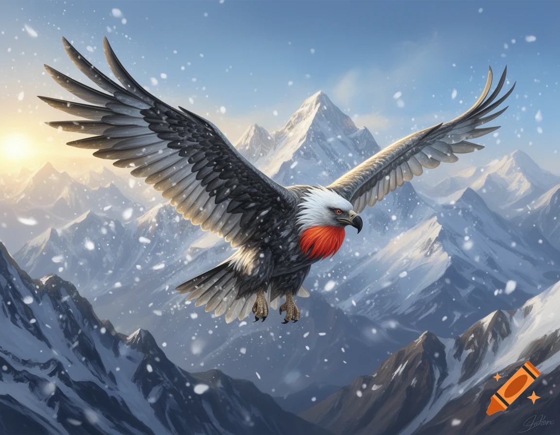 A majestic lammergeier with a white head and red chest flies over snow ...