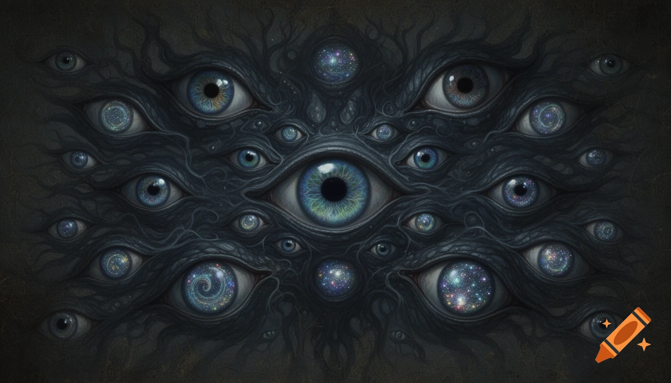 A dark, eldritch wallpaper featuring numerous Lovecraftian eyes, some ...