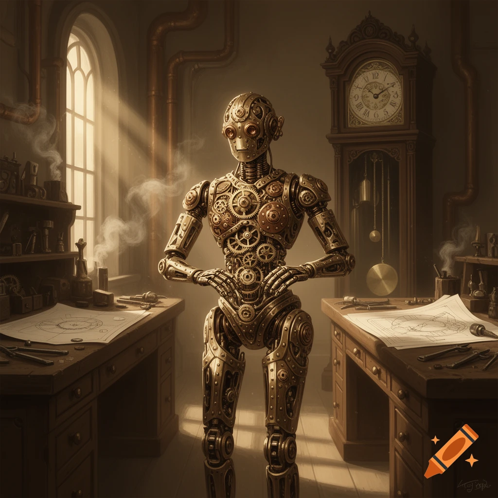 A Detailed Steampunk Robot Made Of Gears And Brass Stands In A Sunlit