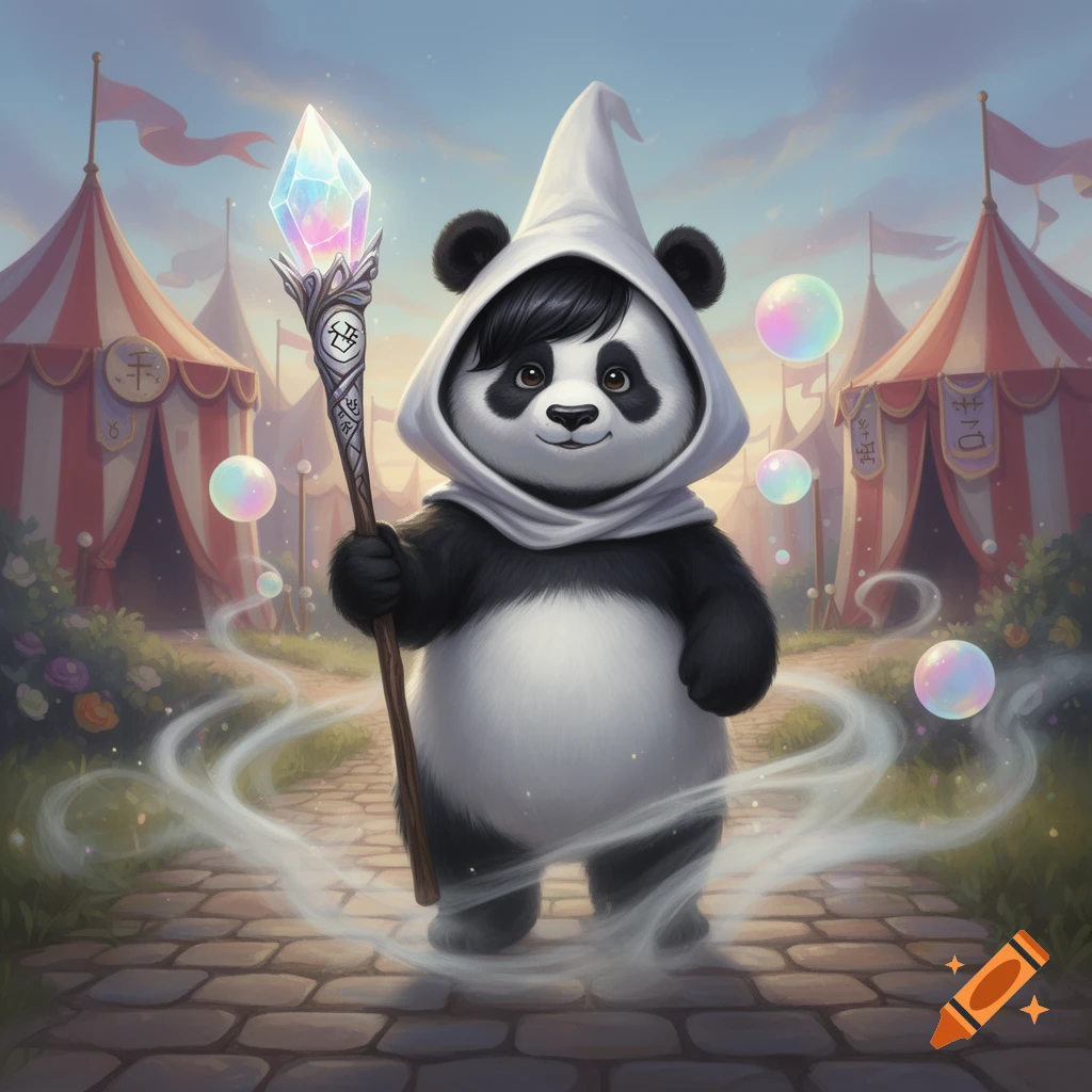 A cute panda mage with a white pointy hood and black bob haircut holds ...