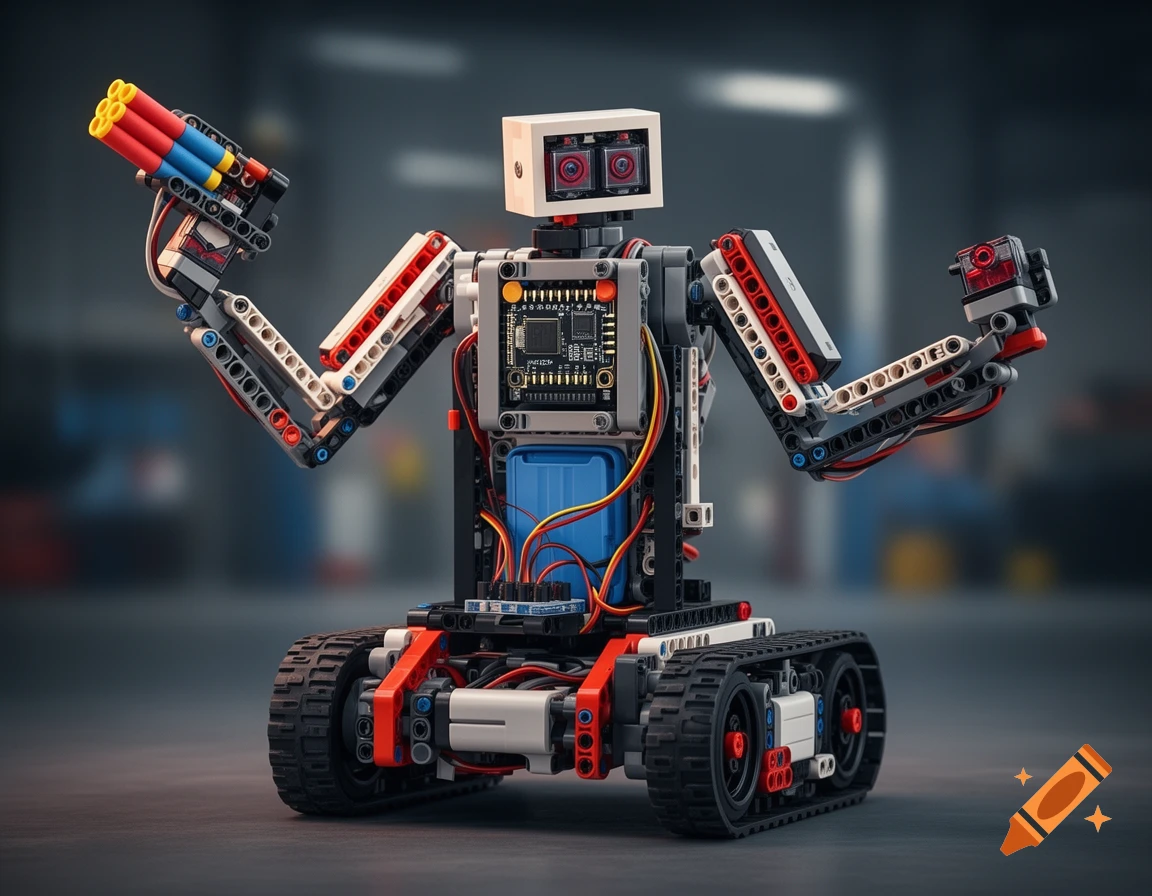 A photorealistic LEGO Technic robot with tracks and exposed circuitry ...