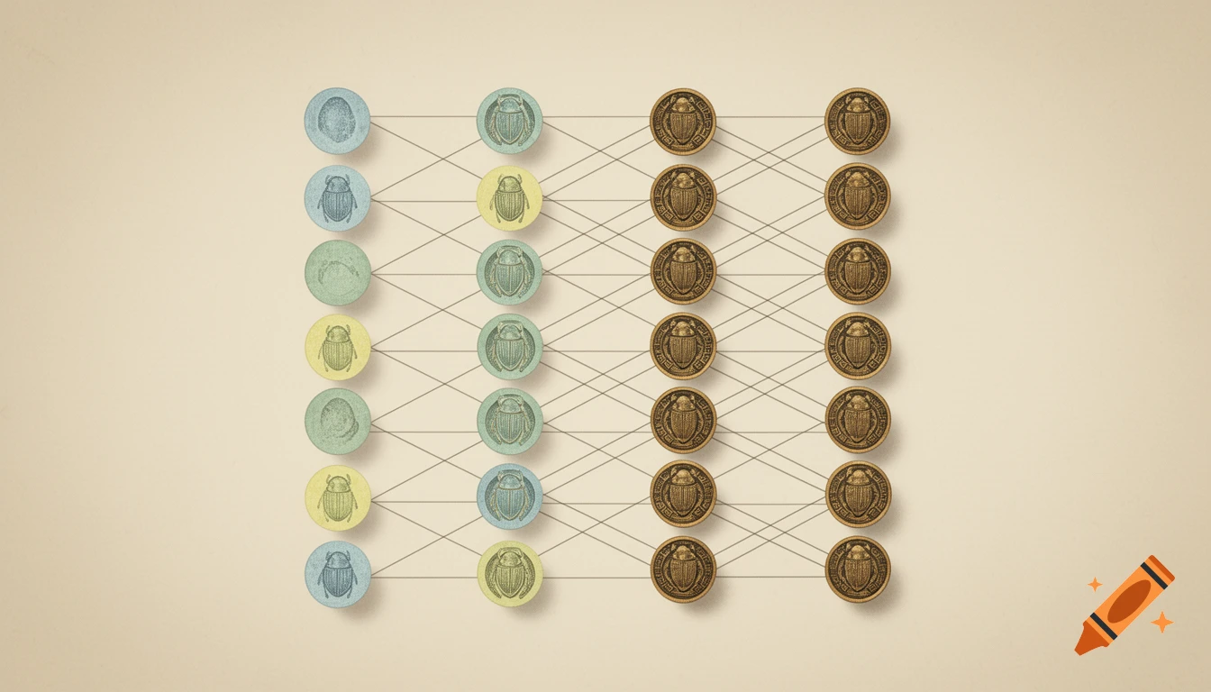 An abstract diagram showing two columns of circles connected by ...