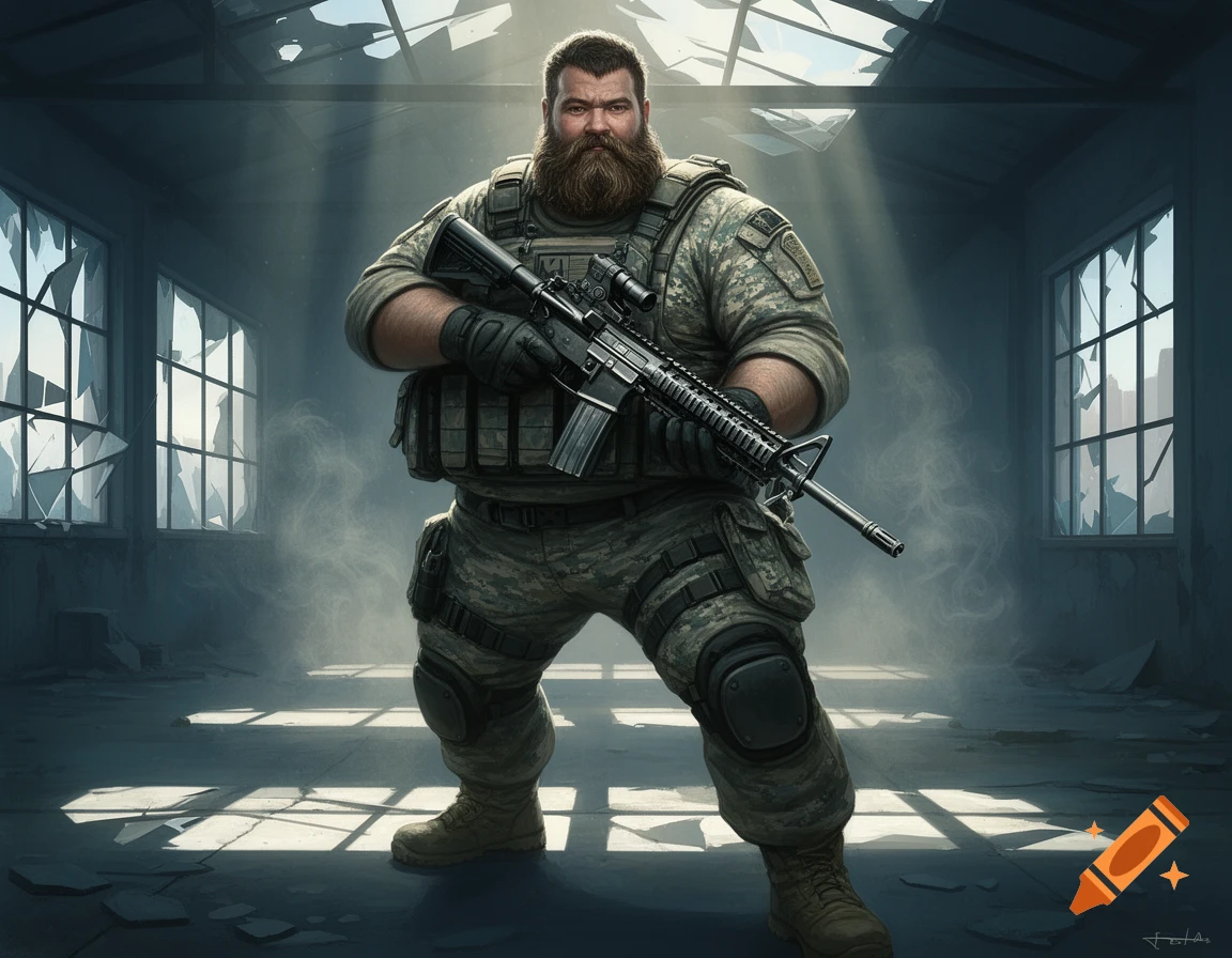 A heavily bearded man in tactical gear holds an M4 rifle in a dark ...