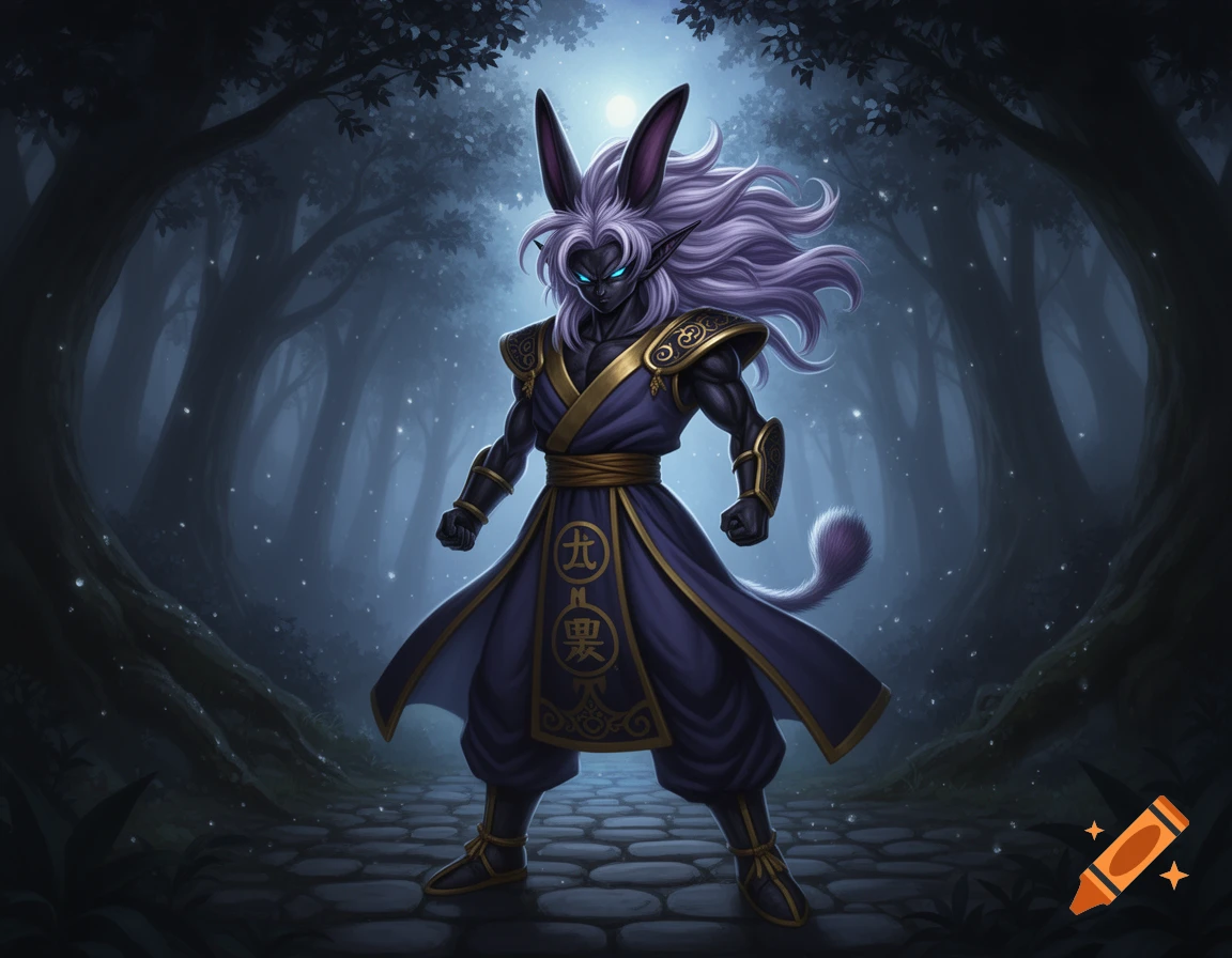 A powerful dark elf character with long purple hair, rabbit-like ears ...