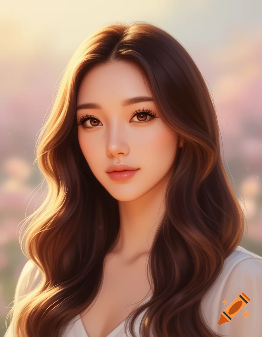 A stunning digital art portrait of a woman with long, wavy brown hair ...