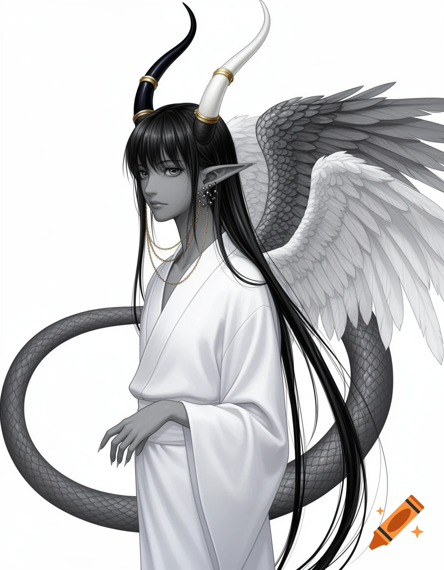 Anime-stylized humanoid with grey skin, long black hair, black and ...