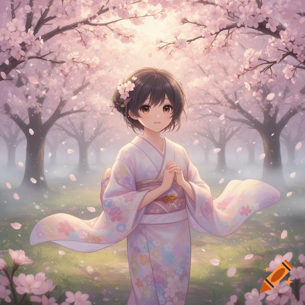 Anime girl in a white kimono with floral patterns, standing amidst a ...