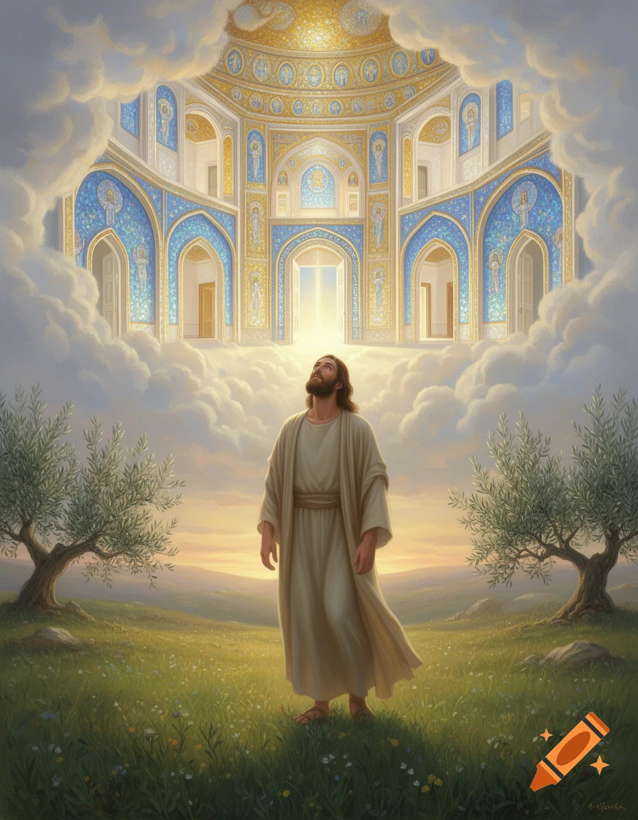 Jesus stands in a grassy field with olive trees, gazing up at a ...