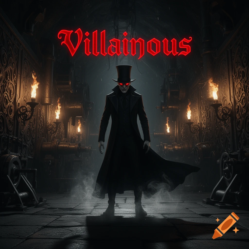 A stylized villain in a top hat and long coat with glowing red eyes ...