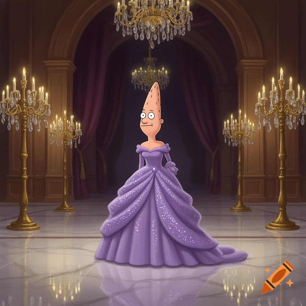 Dilbert's pointy-haired boss in a sparkly purple ball gown stands in a ...