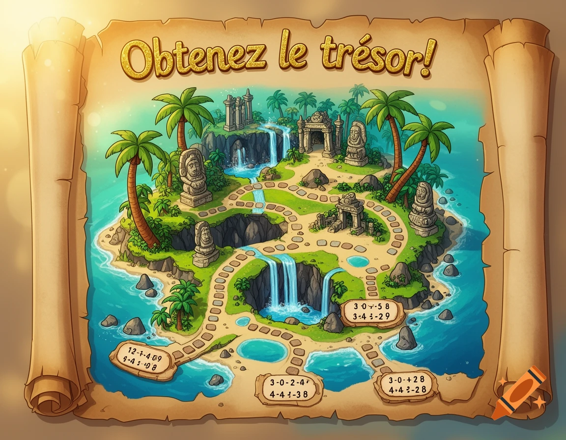 Cartoon treasure map game board of a lush island with palm trees, waterfalls, ruins, paths, and ...