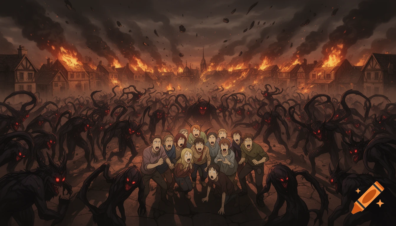 Anime style scene of terrified people fleeing shadowy demons in a ...
