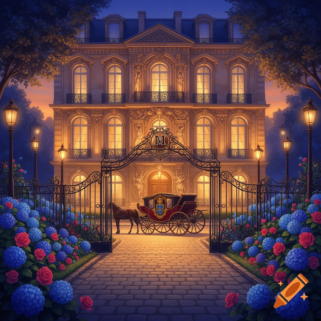 A grand, ornate mansion with glowing windows at twilight, seen through ...