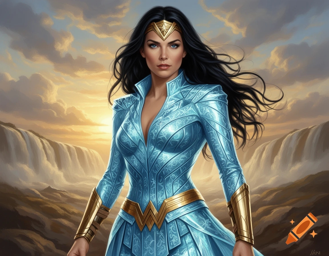 Wonder Woman with long dark hair wears an ice blue armored jacket and ...