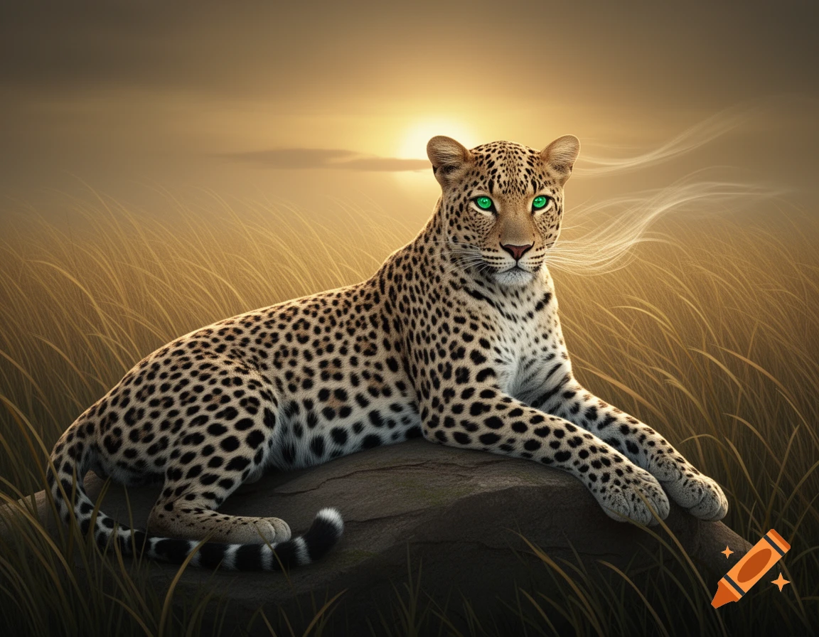 A photorealistic leopard with glowing green eyes rests on a rock in ...