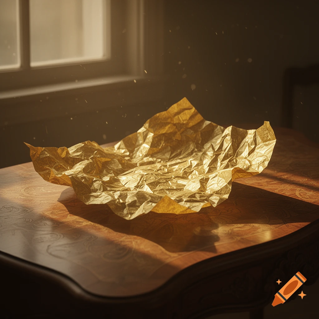 Crumpled golden paper rests on an ornate wooden table bathed in ...