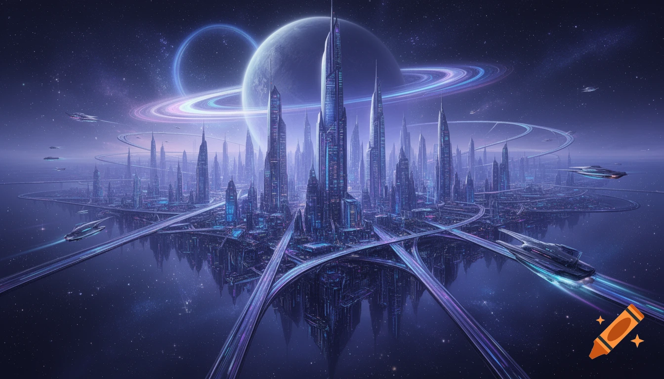 A vibrant futuristic city with tall glowing buildings and flying ...