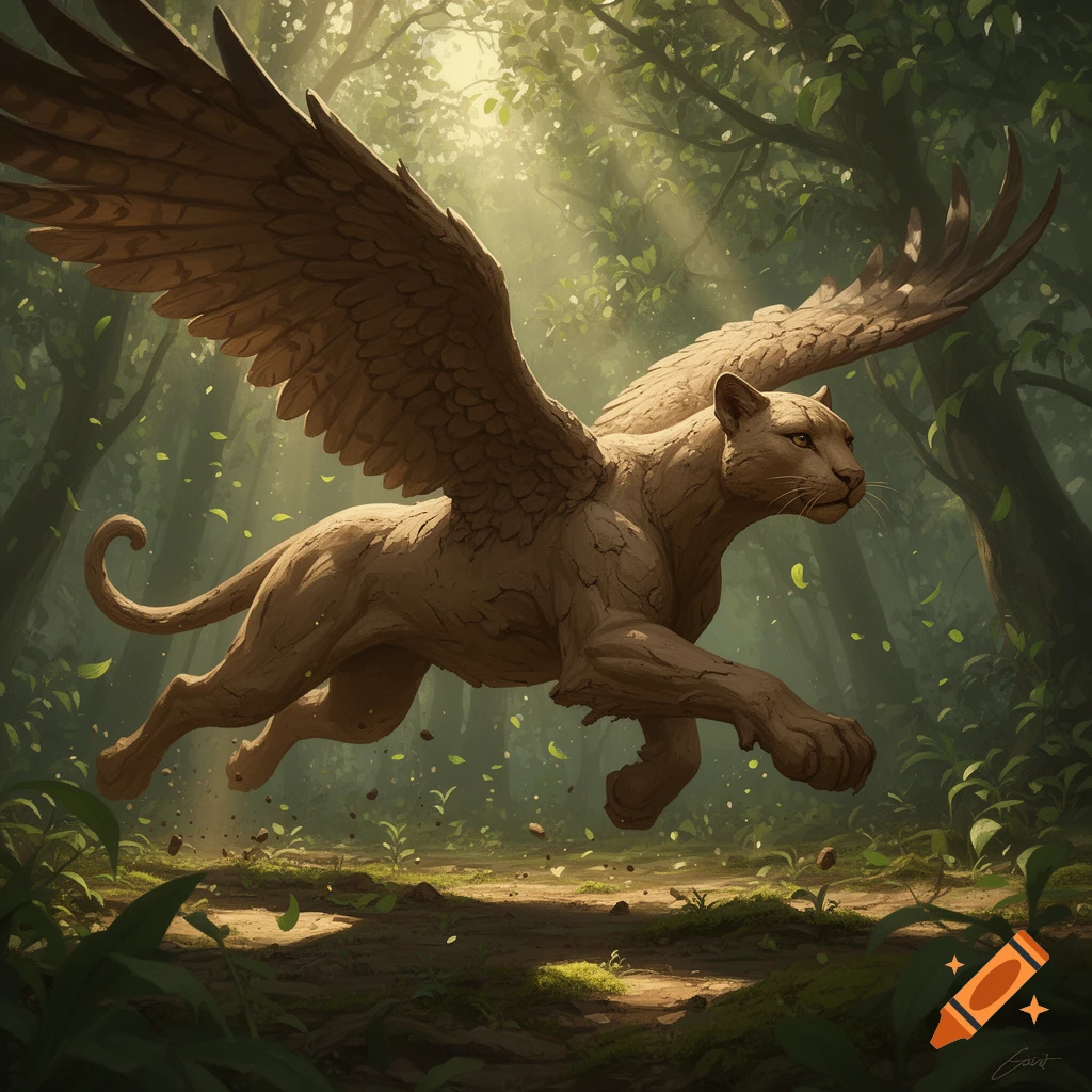 A mud-textured, winged puma-like creature leaps through a sun-dappled ...