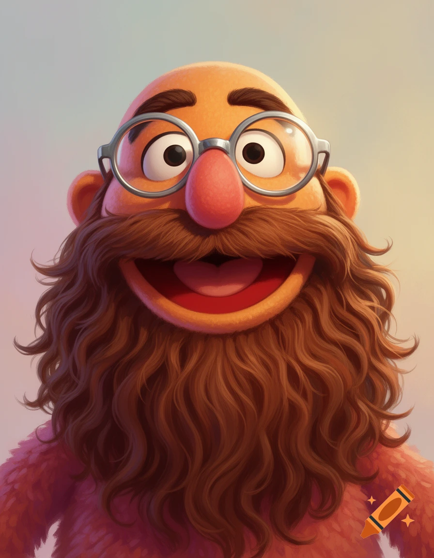 A smiling, bald muppet with round glasses, a red nose, and a large ...