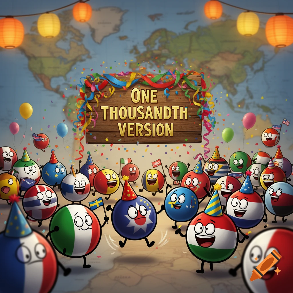 Cartoon country flags wearing party hats celebrate in front of a world ...