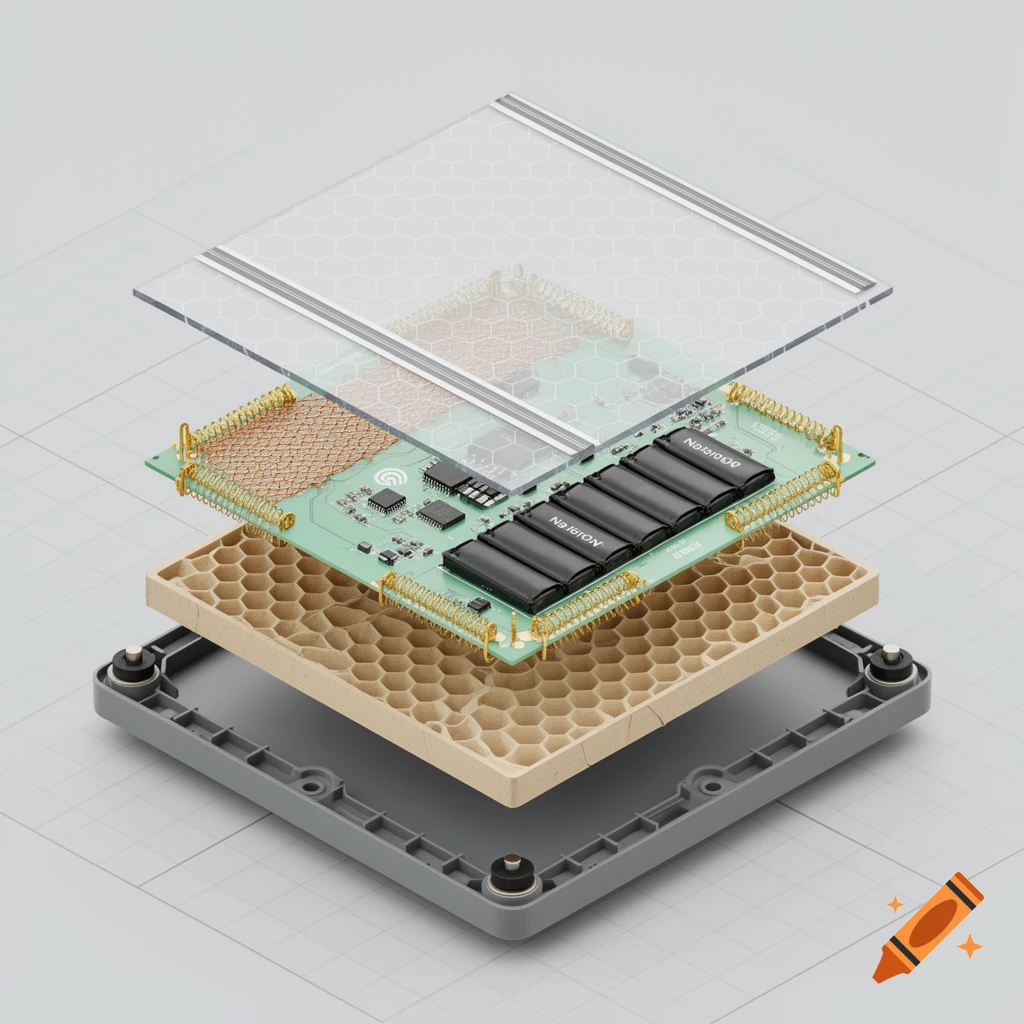 Isometric exploded view of a ceiling tile, showing layers: solar film ...
