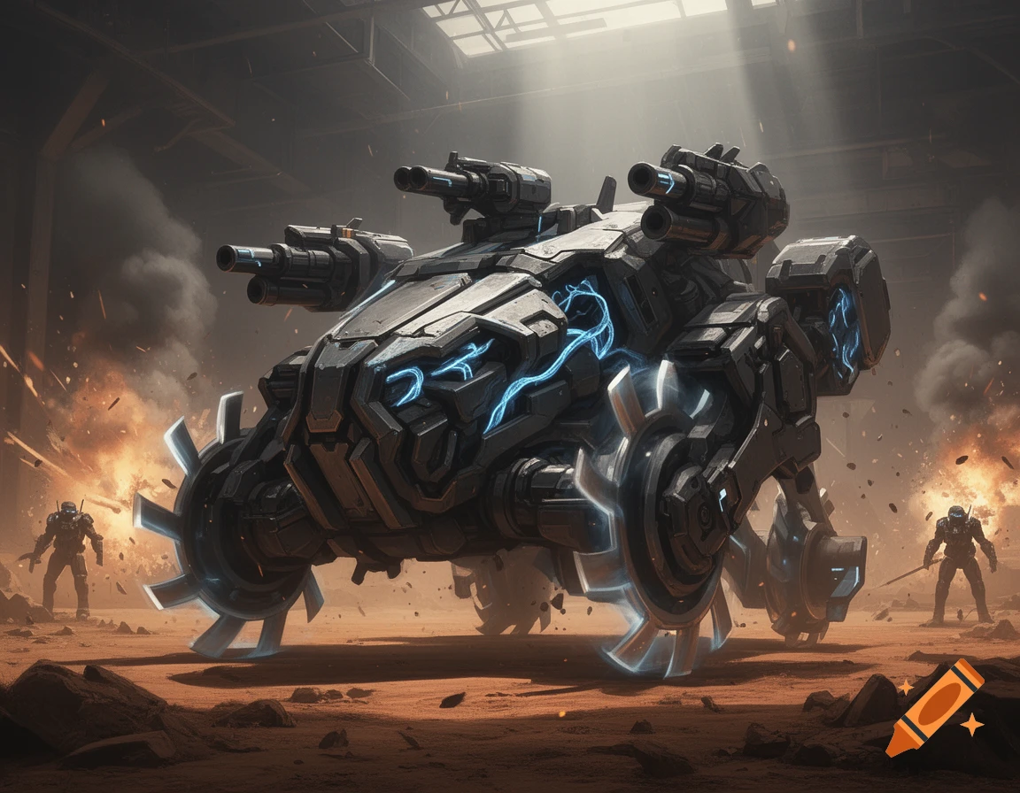 A large, detailed sci-fi military tank with glowing blue energy ...