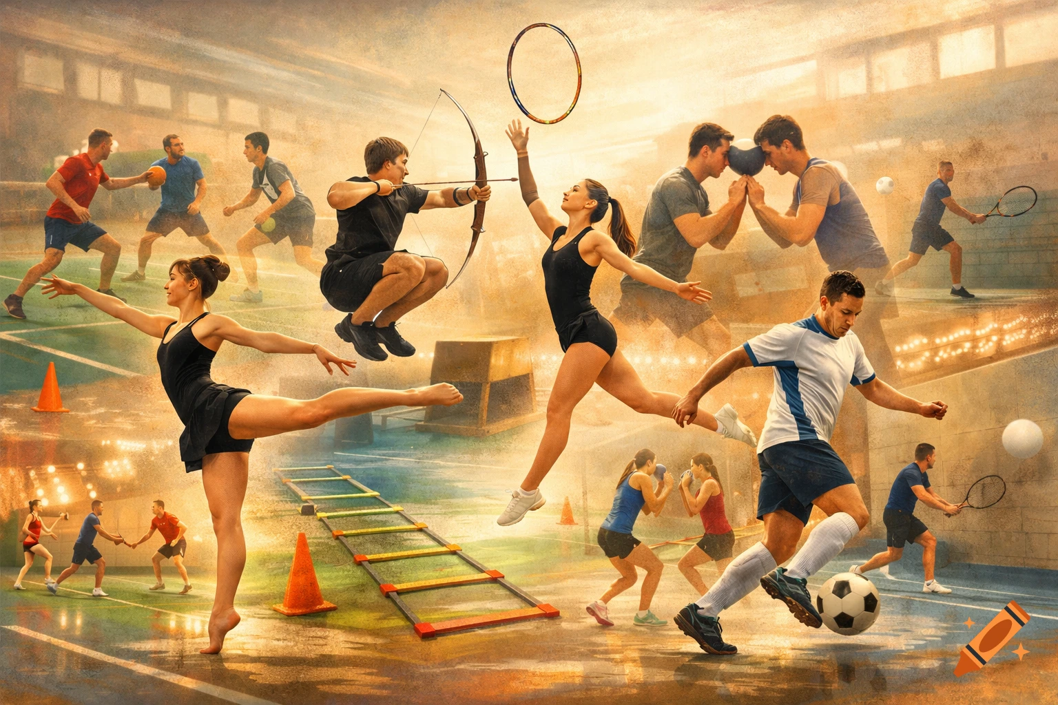 Dynamic collage of athletes engaged in various sports: ballet, archery ...