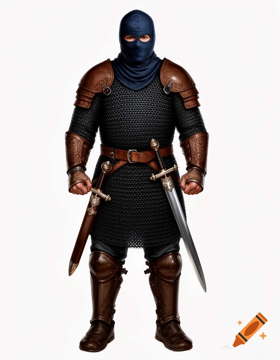 A realistic digital painting of a medieval warrior in black chainmail ...