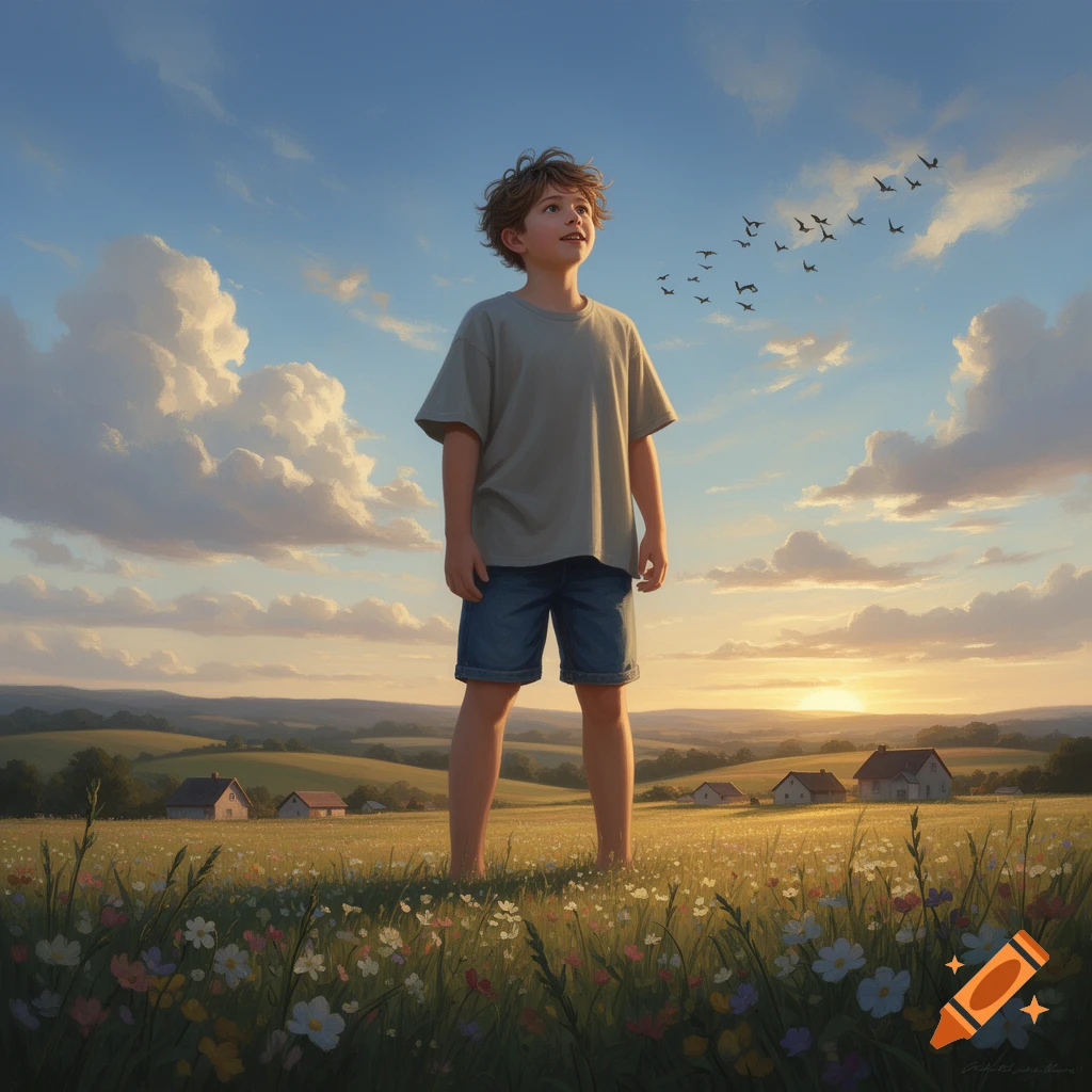 A young boy stands in a vibrant wildflower field at sunset, looking up ...