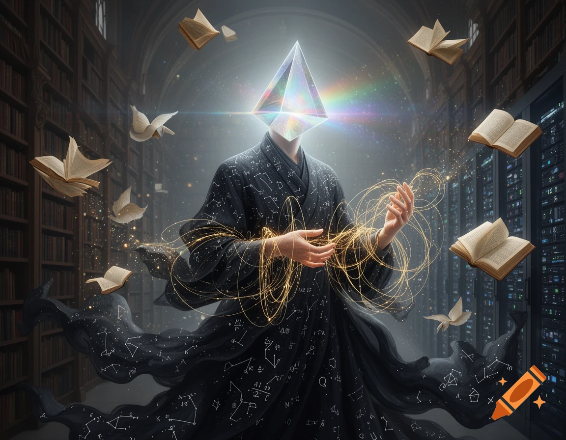 Figure with a glowing prismatic head, wearing a dark, constellation ...