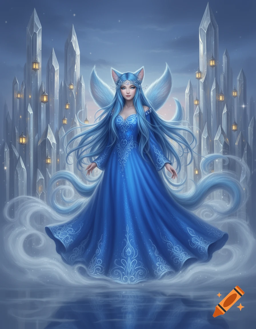 A blue-haired princess with cat ears in a flowing blue dress stands ...
