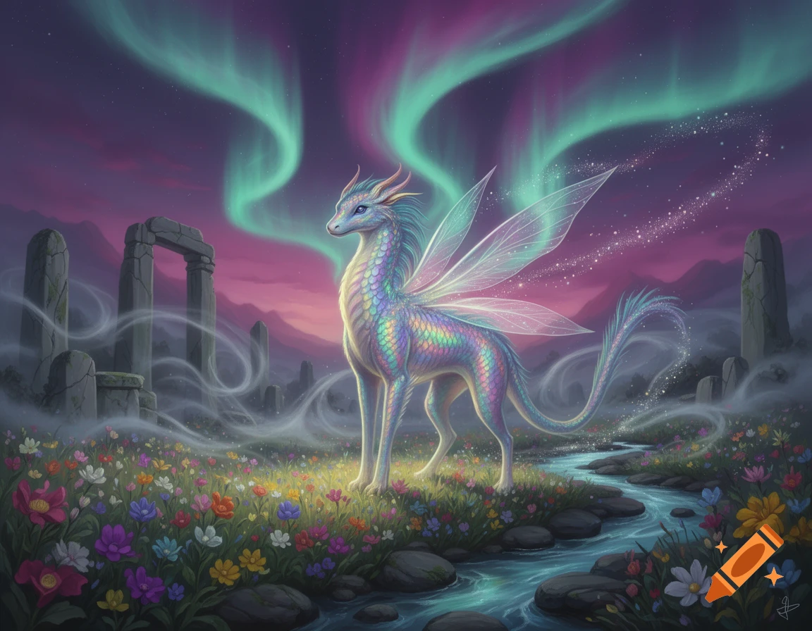 A vibrant, iridescent winged creature stands in a field of wildflowers ...