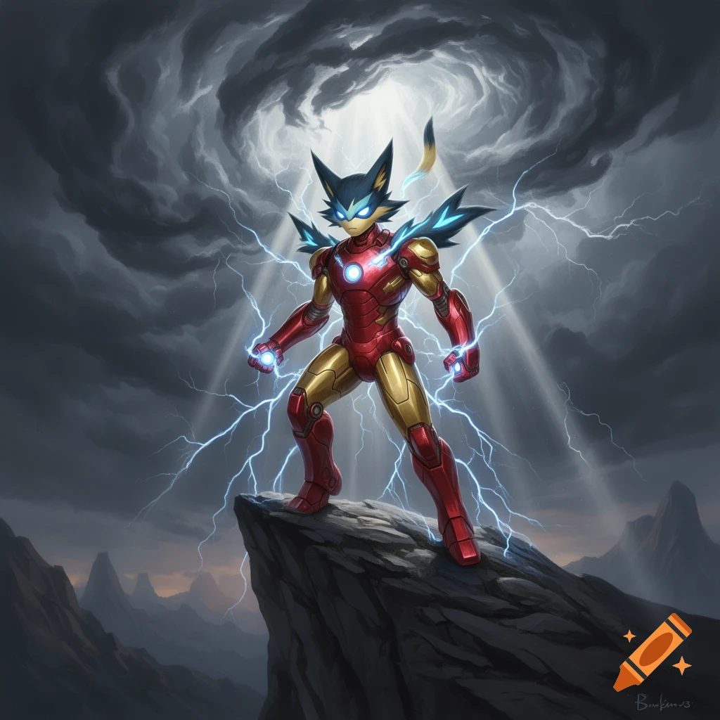 A Zeraora-Iron Man fusion stands on a rocky peak, crackling with ...