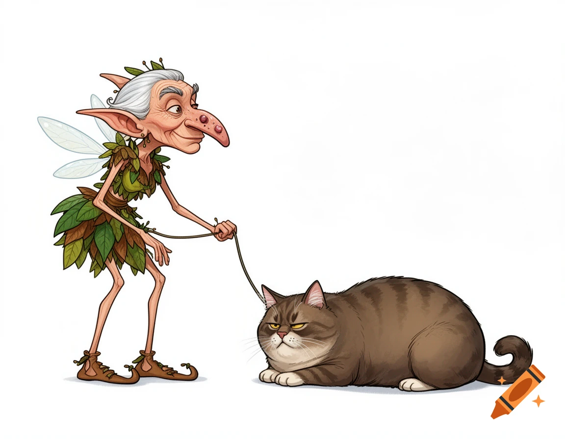 A thin, old, cartoon elf with large ears and a leaf outfit holding a ...