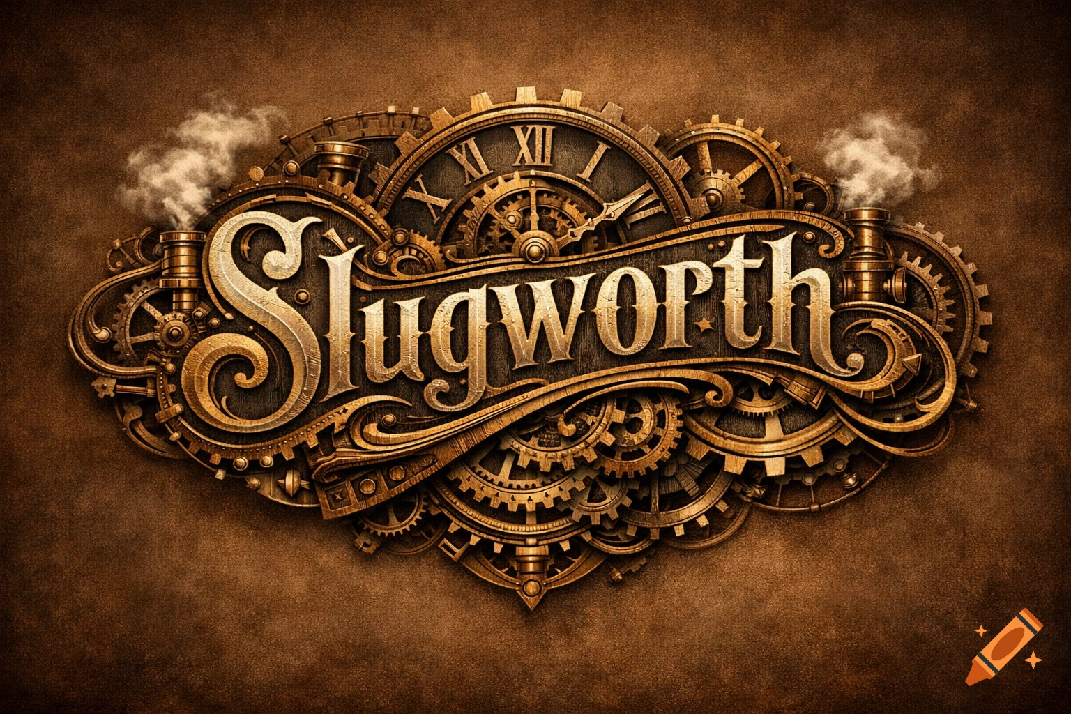 Steampunk-style gold and brass logo with the word 'Slugworth ...
