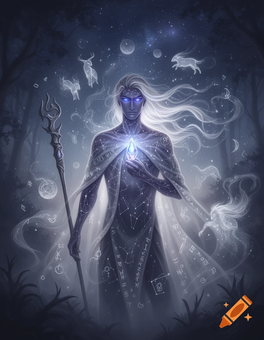 An ethereal male figure with glowing blue eyes, long white hair, and ...