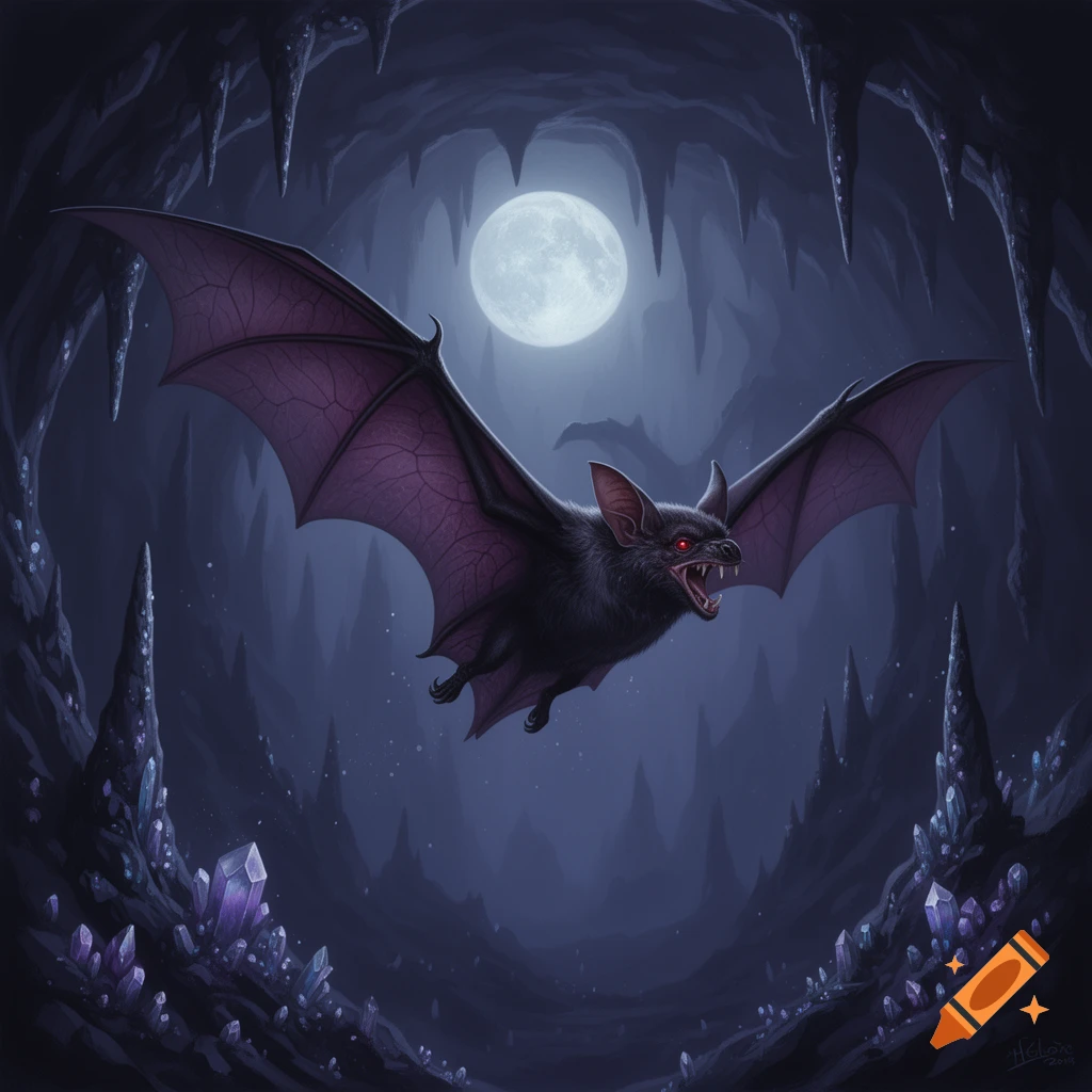 A dark bat with red eyes and spread wings flies in a dim cave with ...