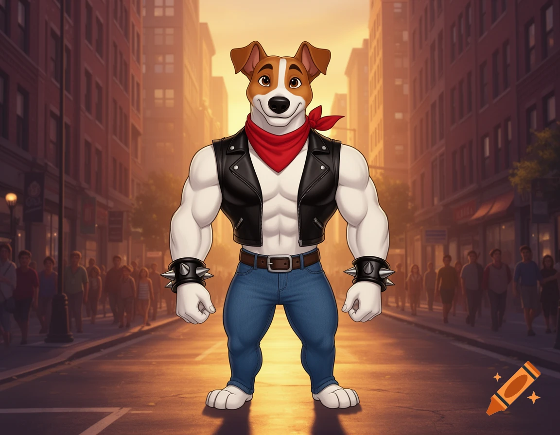 Cartoon muscular Jack Russell terrier in a leather vest and jeans ...