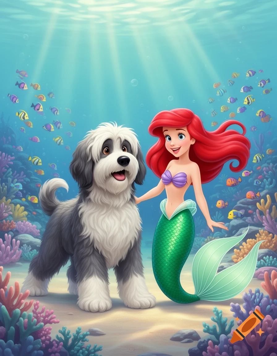 Cartoon Ariel the Little Mermaid and a shaggy Old English Sheepdog ...