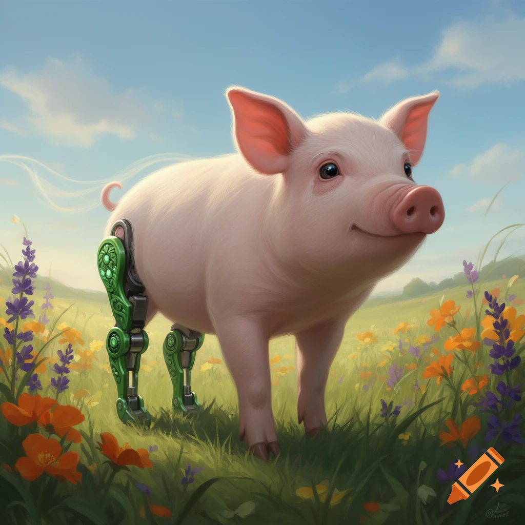 A cute pink pig with green robotic back legs stands in a sunny field of ...