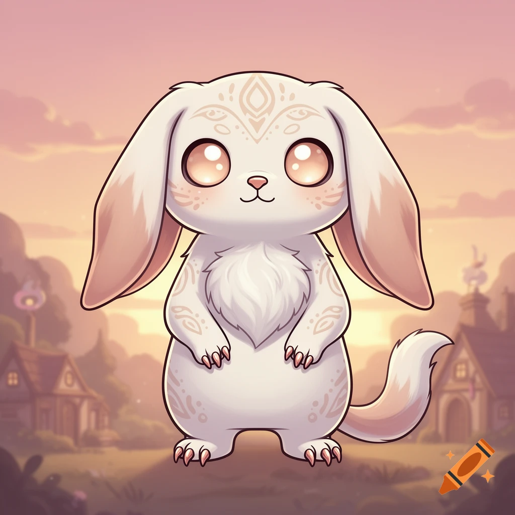 A cute, white, fluffy creature with large peachy eyes and decorative ...