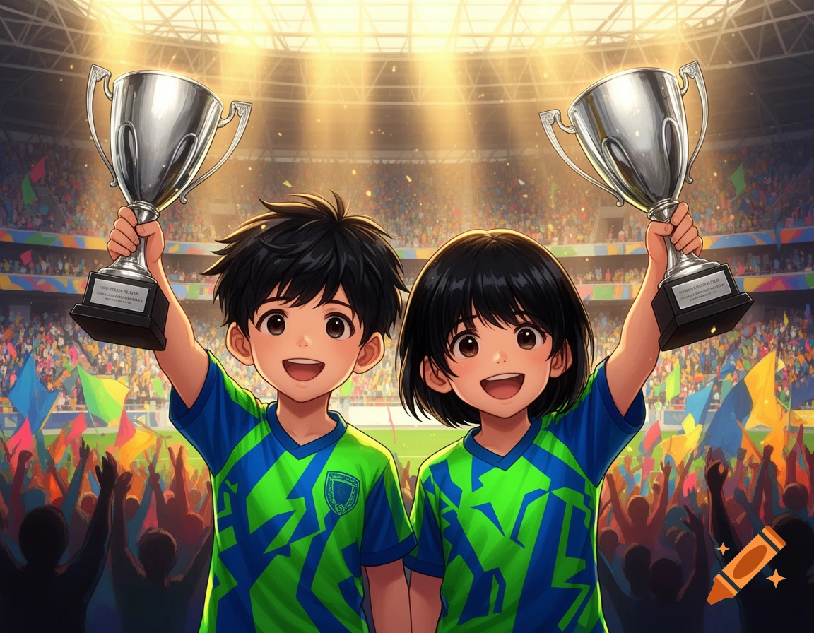 Two happy anime children, a boy and a girl, hold silver trophies ...