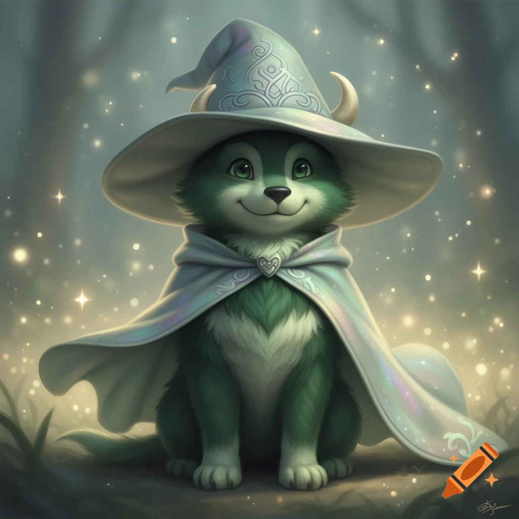 A cute green fox-like creature in a white wizard hat and cape smiles in ...